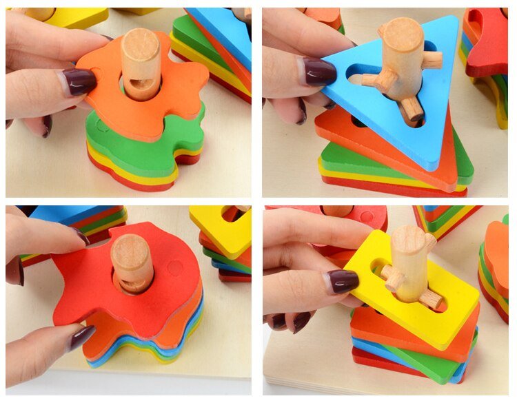 Wooden 4 Column Geometric Shapes Matching Stacking Toy